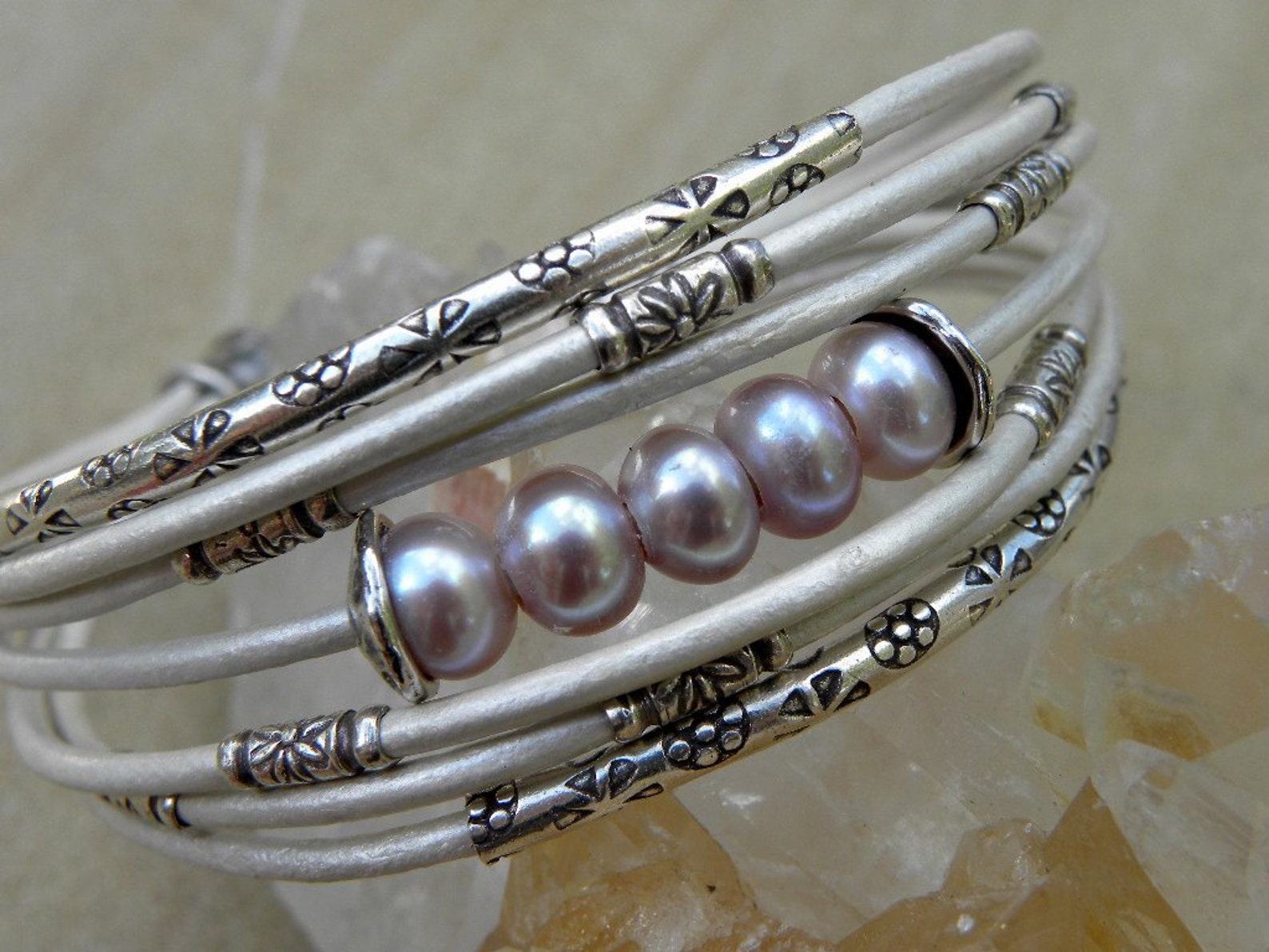 Sterling Silver Soft Pink Pearls and Pearl White Leather - Etsy