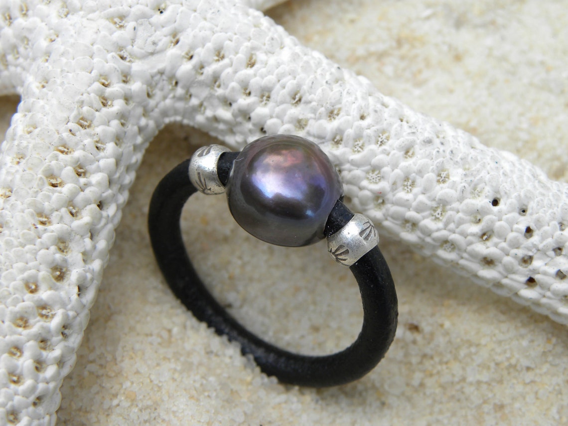 Black Pearl Sterling Silver Leather Ring Urban Modern Large - Etsy