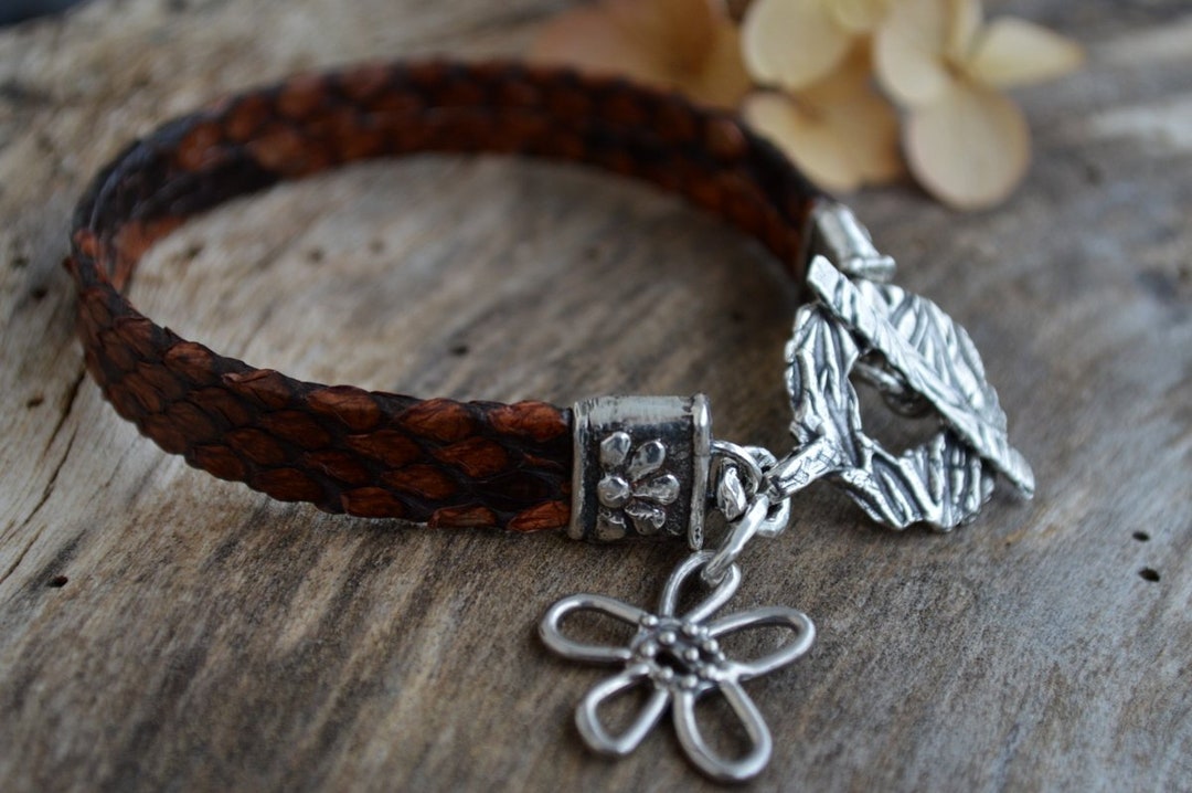 SALE Sterling Silver Snake Skin Leather Bracelet Artisan Silver Heavy ...