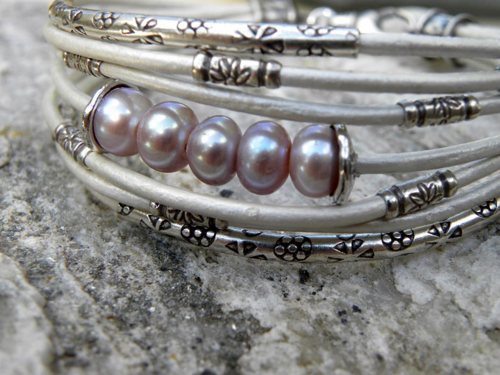 Sterling Silver Soft Pink Pearls and Pearl White Leather - Etsy