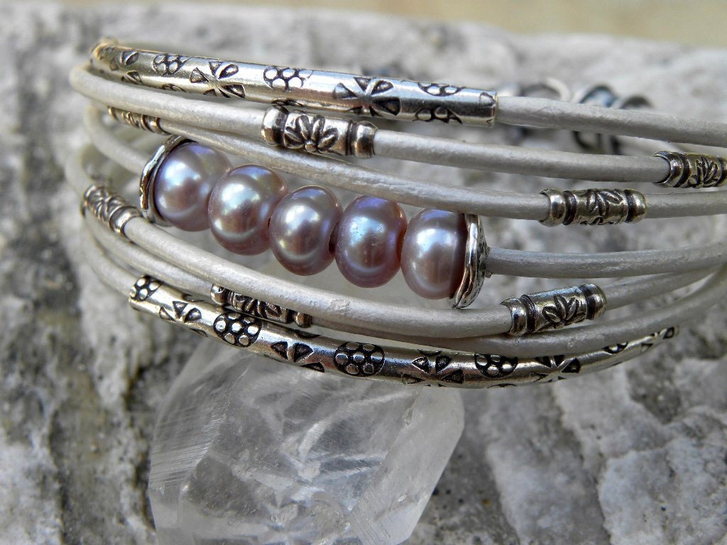 Sterling Silver Soft Pink Pearls and Pearl White Leather | Etsy