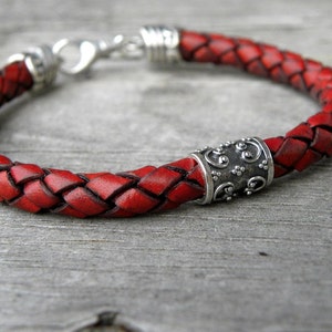 SALE Sterling Silver Red Leather Bracelet Braided Rustic Unisex Bangle ...