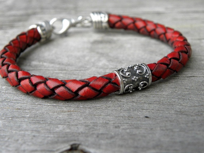 SALE Sterling Silver Red Leather Bracelet Braided Rustic | Etsy