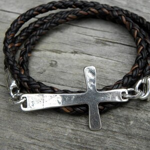 Sterling Silver Cross Braided Leather Wrap Bracelet Mens Unisex ...
