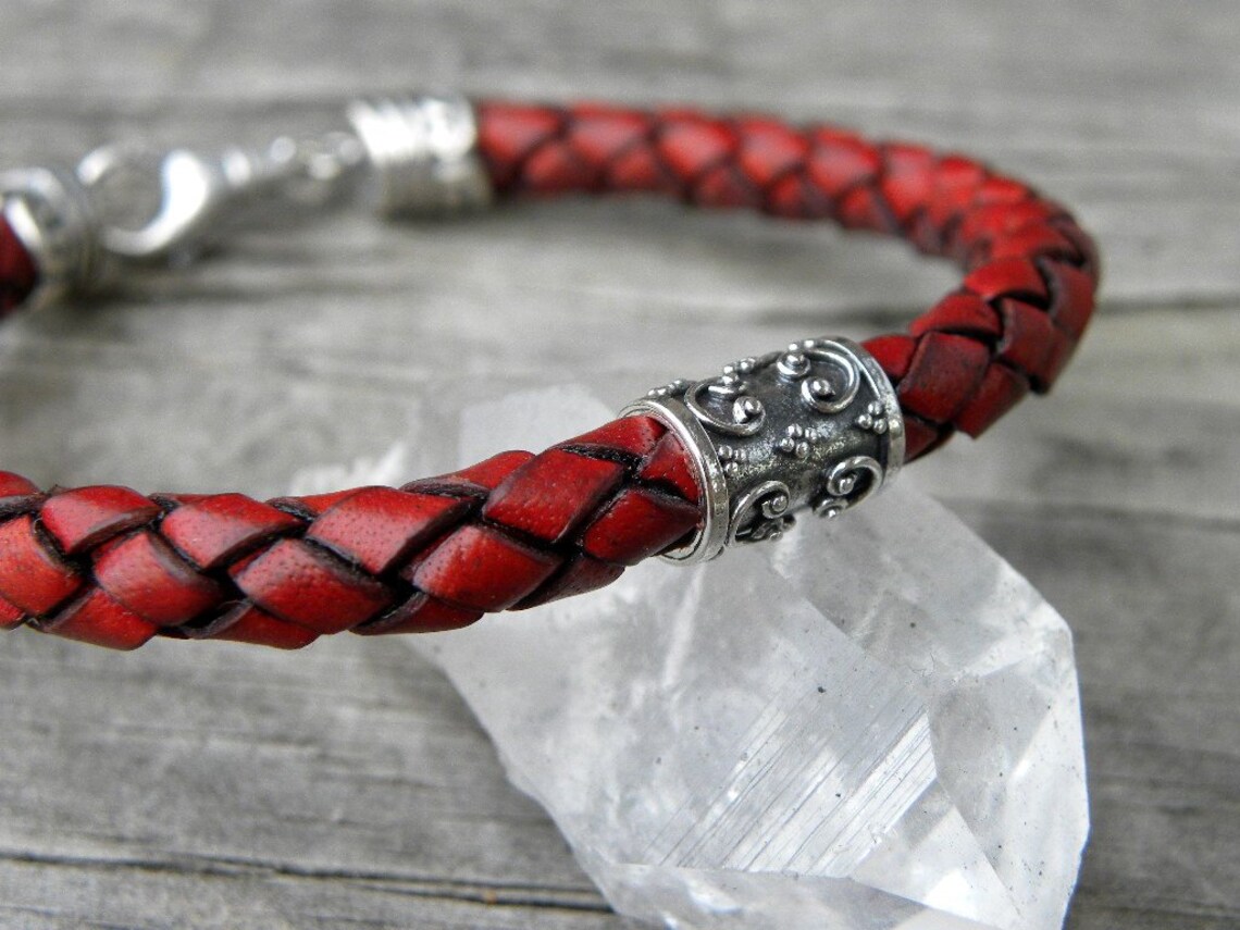 SALE Sterling Silver Red Leather Bracelet Braided Rustic - Etsy