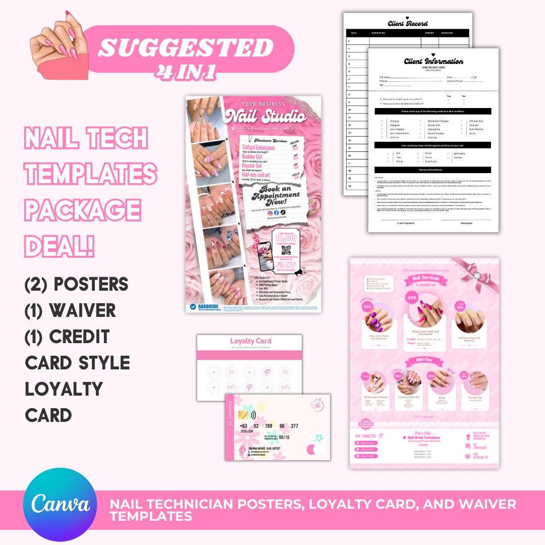 Flyers, Loyalty Card and Waiver Canva Template Nail Salon Business - Etsy