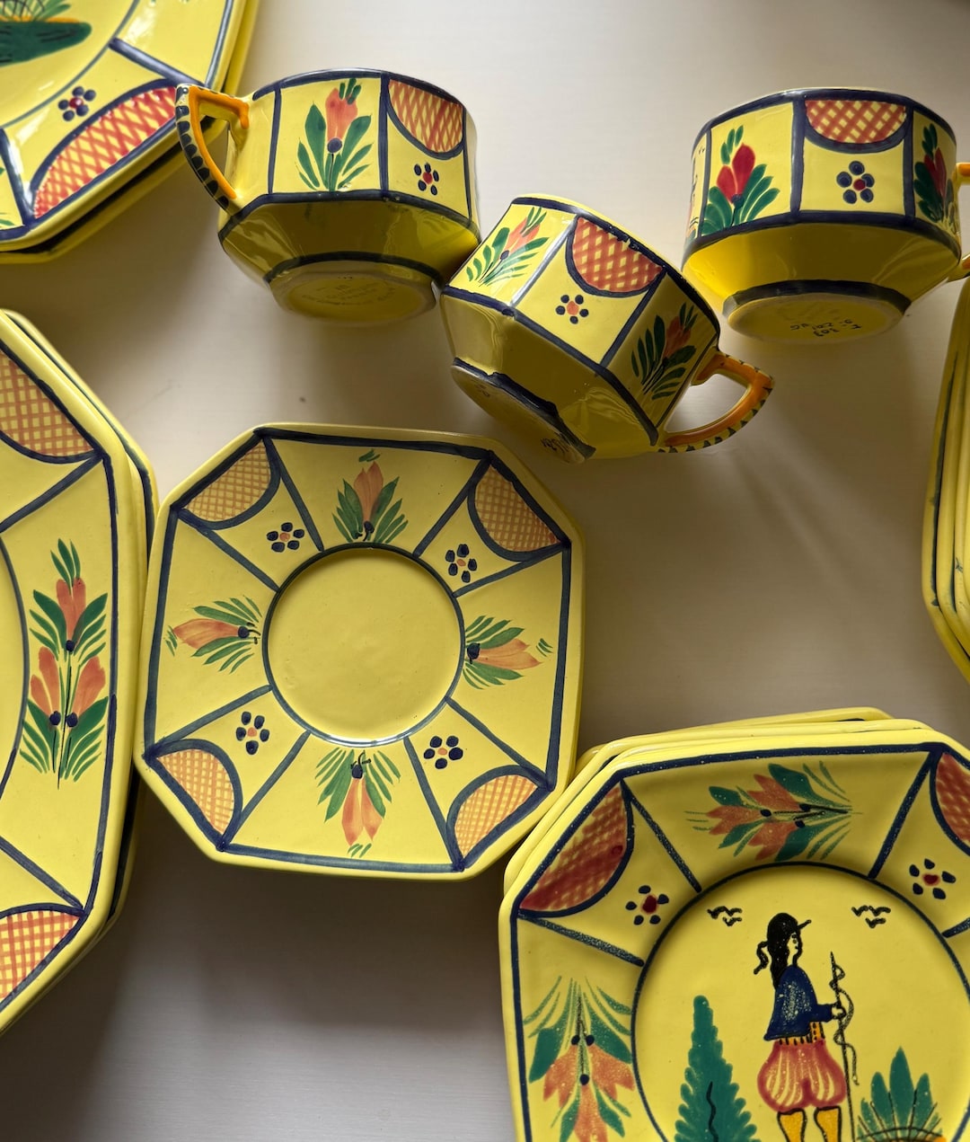Vintage Folk Art Dishes Quimper France Soleil Yellow Pottery Breton ...