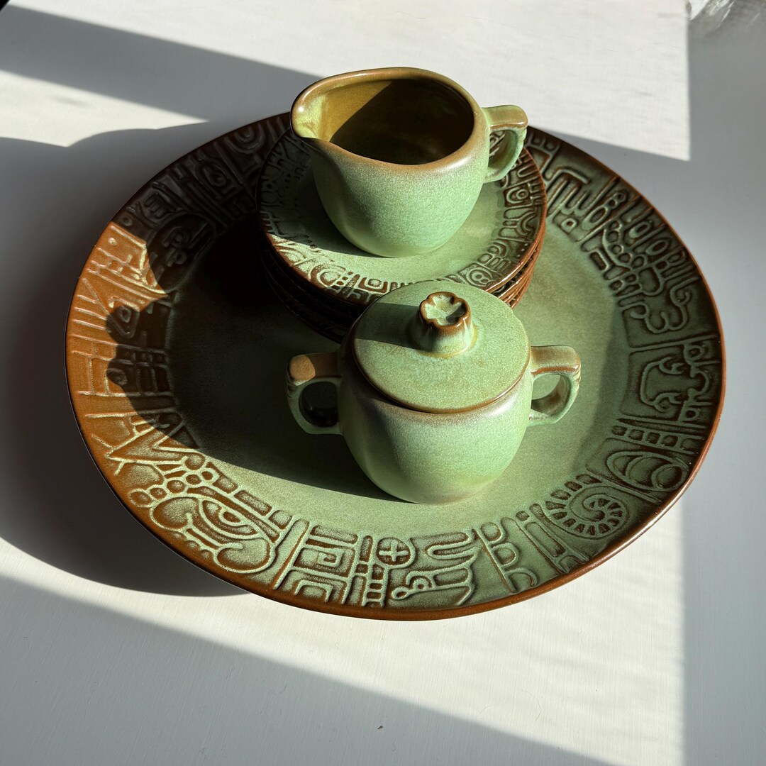 Vintage Frankoma Aztec Dish Set – Mid-century Green Ceramic Platter ...