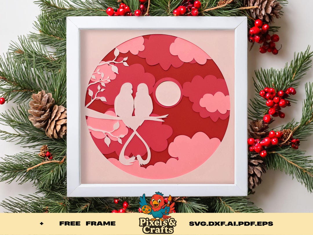 Love Birds Shadow Box SVG for Cricut and Silhouette, Romantic Papercut Design With Moon Scene ...