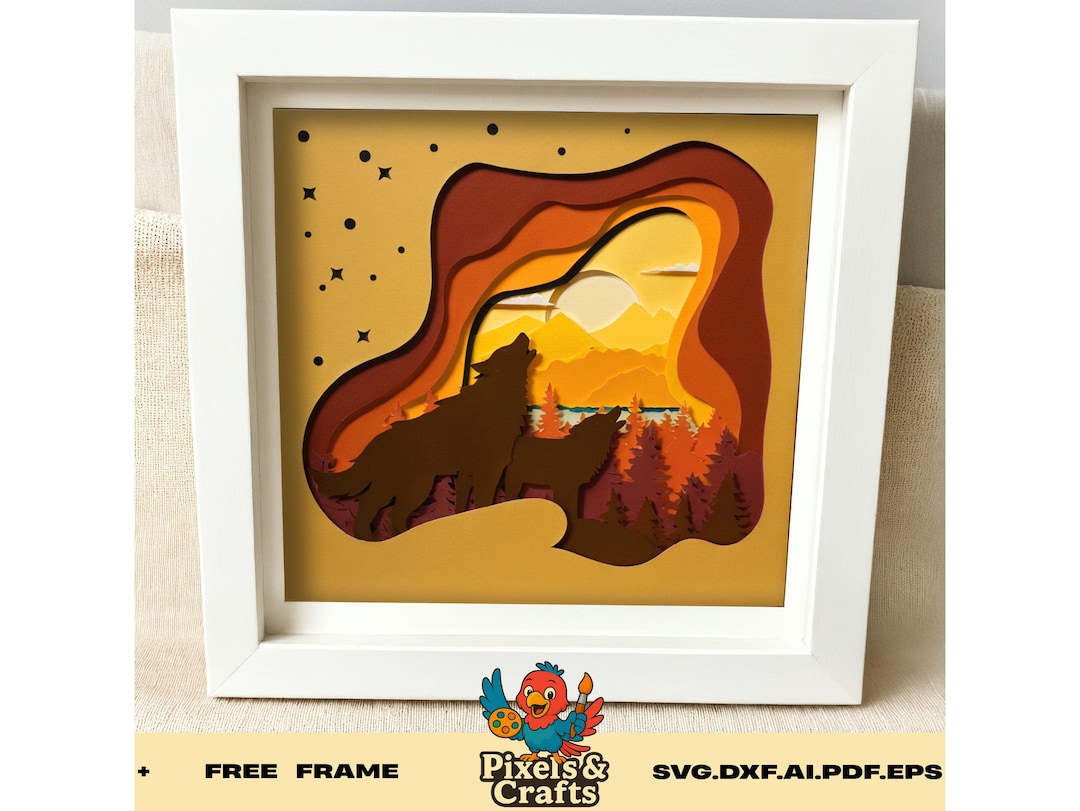 Howling Wolf Shadow Box SVG, 3D Layered Paper Cut Template, Sunset ...