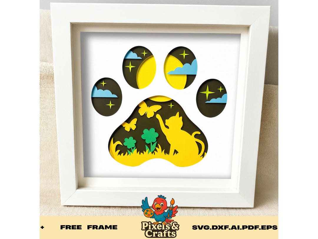Cat and Paw Print Shadow Box SVG File for Layered Paper Craft, Pet ...