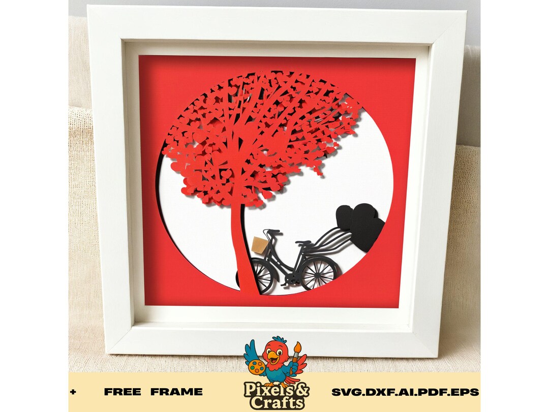 Bicycle Under Heart Tree Shadow Box SVG, Romantic Love Layered Paper Cut, 3D Valentine Bike ...