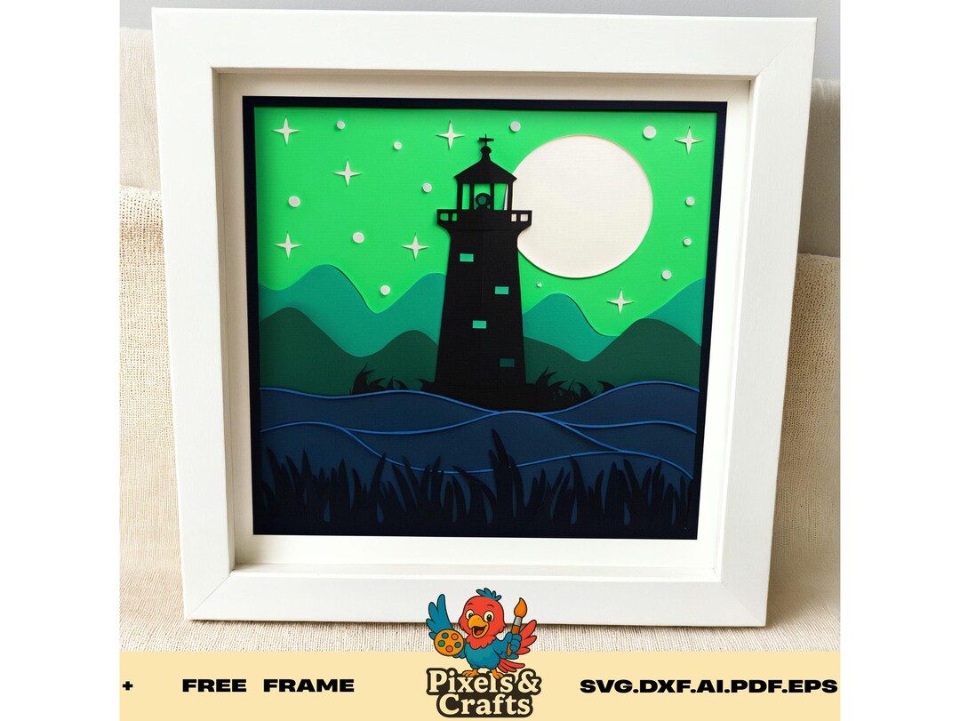 Lighthouse Ocean Scene SVG, Layered Nautical Night Sky Shadow Box ...