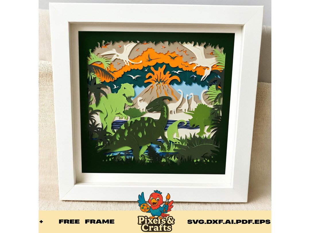 Dinosaur Volcano Shadow Box SVG, 3D Prehistoric Jurassic Scene Paper ...