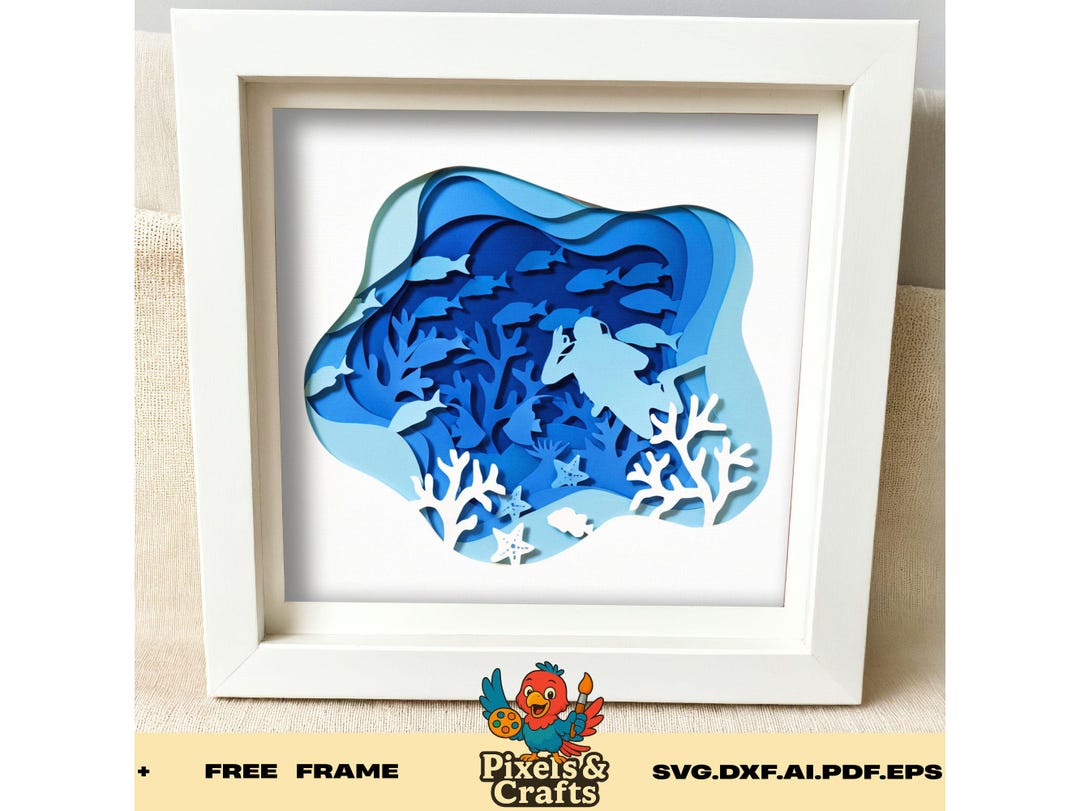 Scuba Diver Shadow Box SVG, 3D Layered Paper Cut Template, Ocean ...