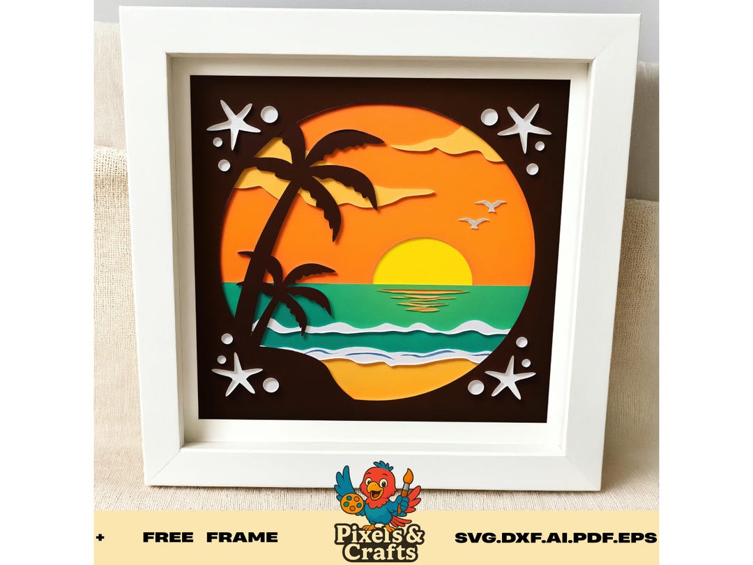 Tropical Sunset Beach SVG, 3D Layered Palm Tree Ocean Scene, Summer ...