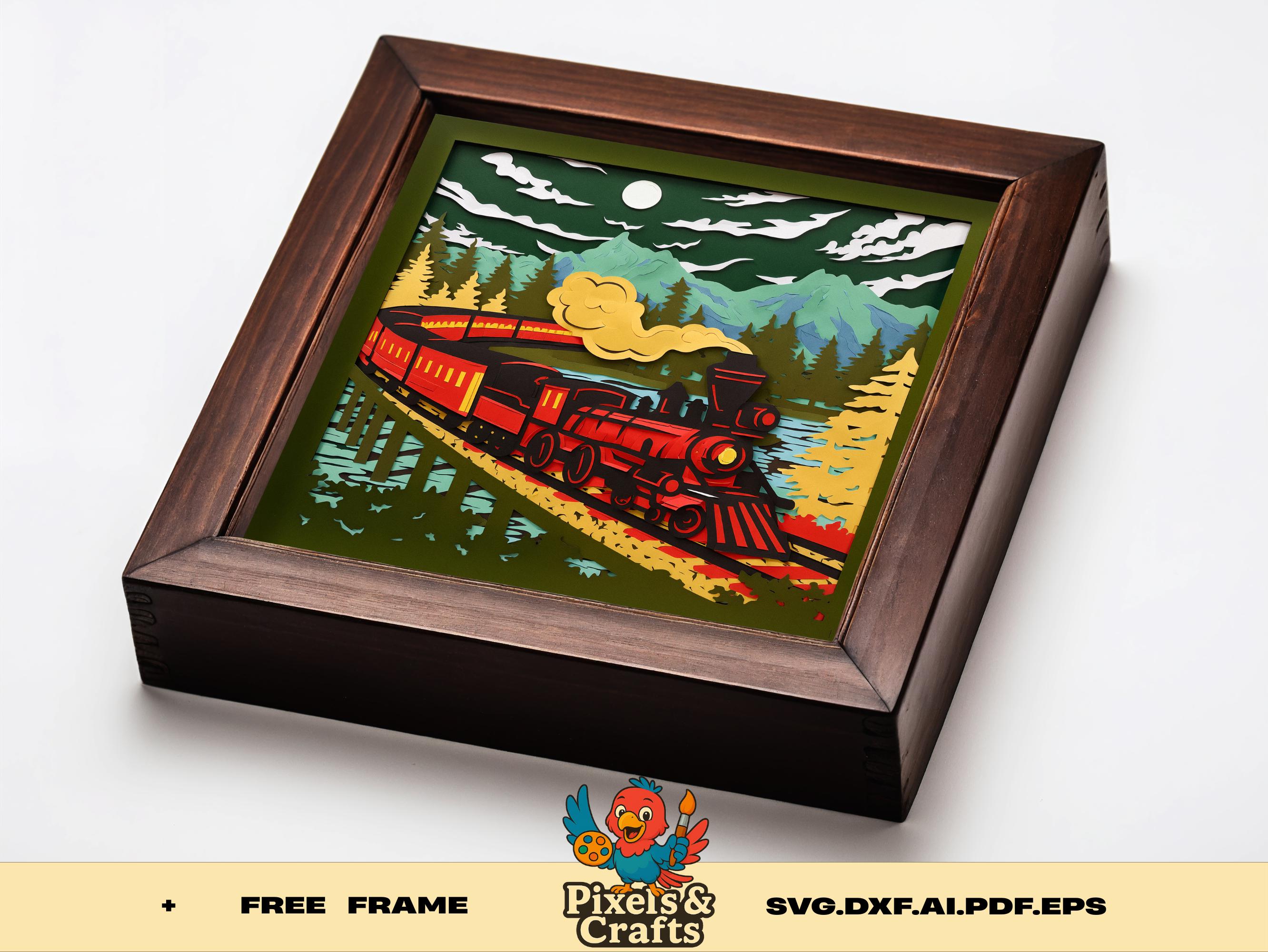 Layered Red Train SVG Shadow Box File With Scenic Forest Mountain ...