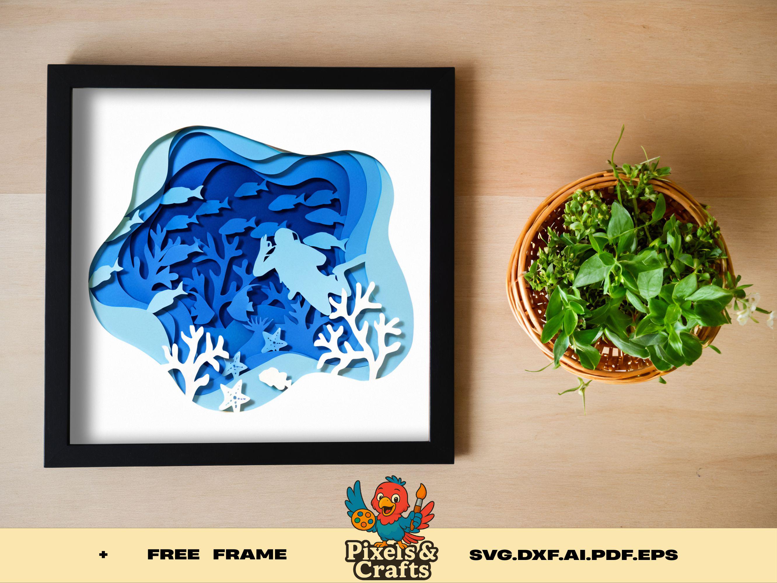 Scuba Diver Shadow Box SVG, 3D Layered Paper Cut Template, Ocean ...