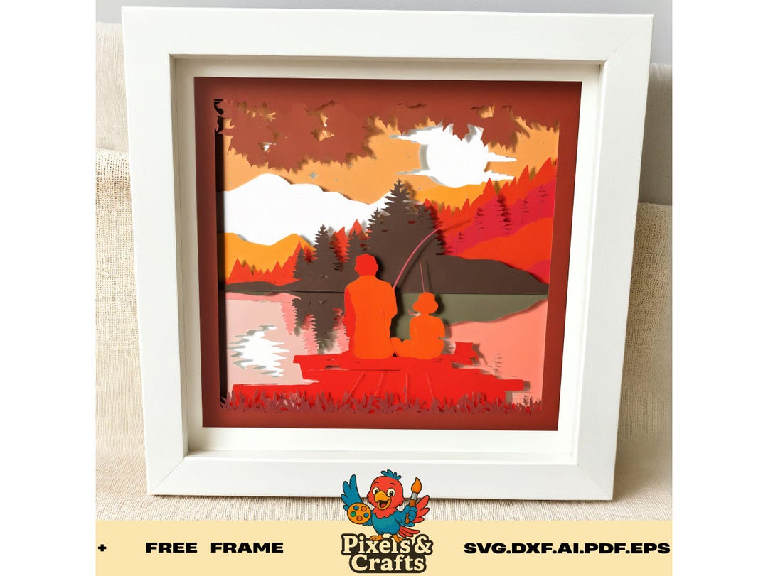 Father and Son Fishing Shadow Box SVG, 3D Lake Paper Cut Layered ...