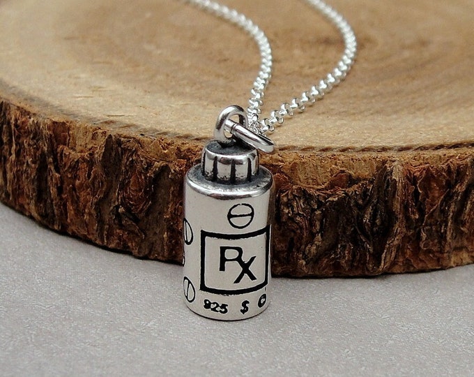 Sterling Silver 3D RX Pill Bottle Necklace, Pharmacy RX Charm, Medical ...