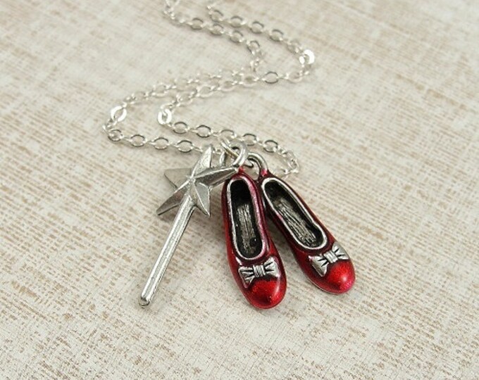 Ruby Slippers and Magic Wand Necklace Silver Wizard of Oz | Etsy