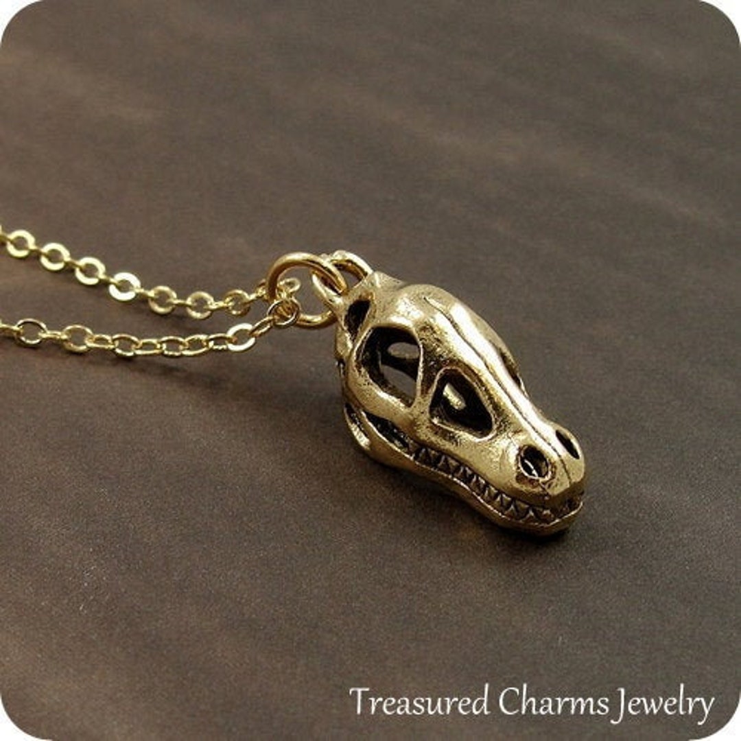 Tyrannosaurus Rex Necklace, Gold T-rex Skull Charm Necklace, Dinosaur ...
