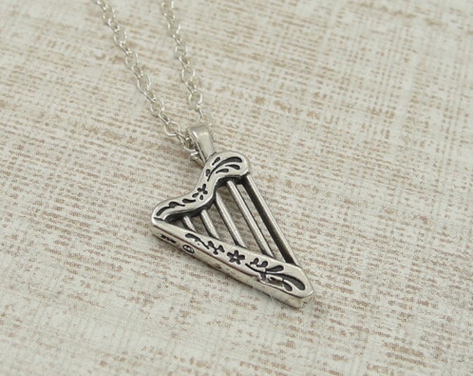 Harp Necklace Sterling Silver Musical Harp Charm on a Silver - Etsy