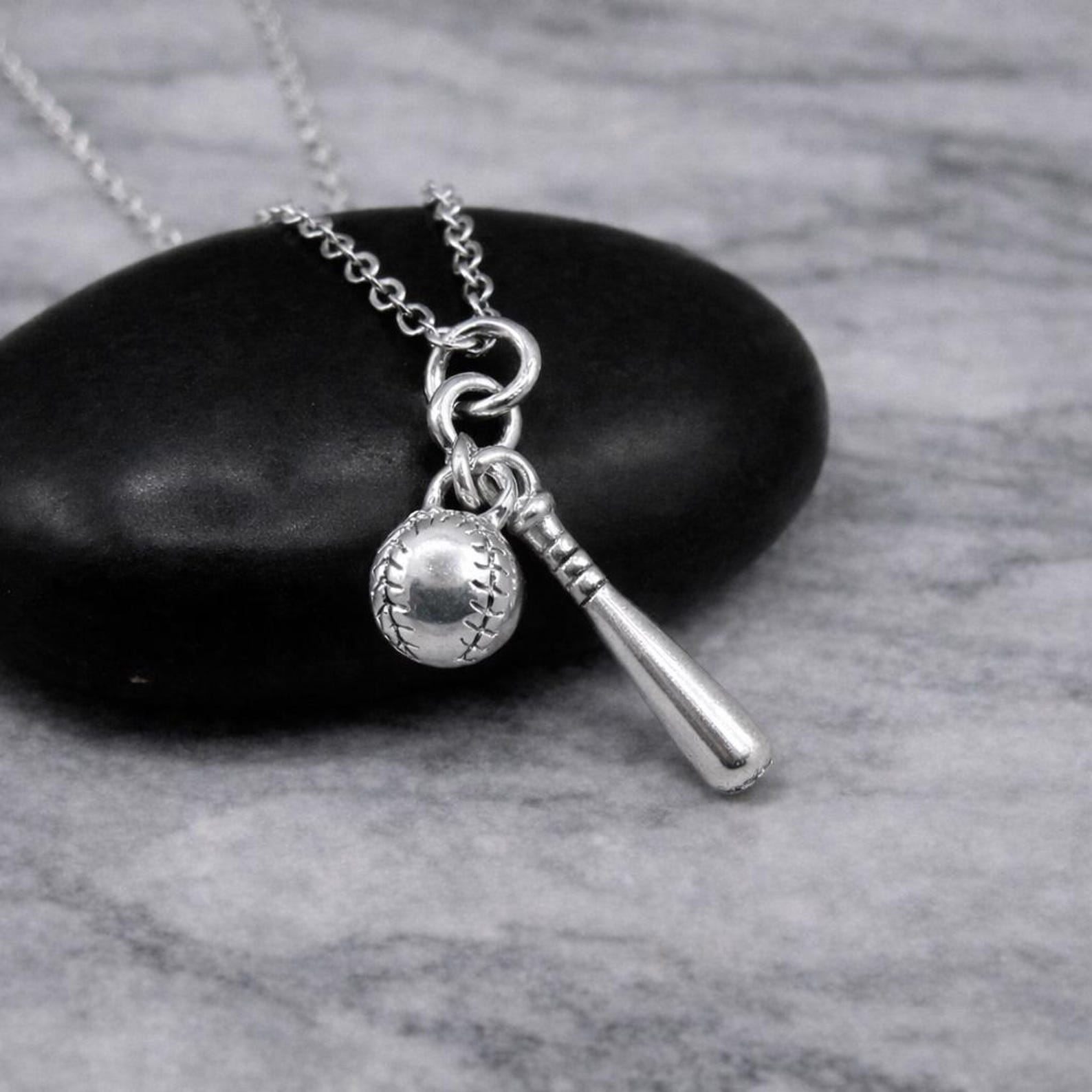 Silver 3D Baseball Bat and Ball Charm Necklace, Softball Pendant, Gift ...
