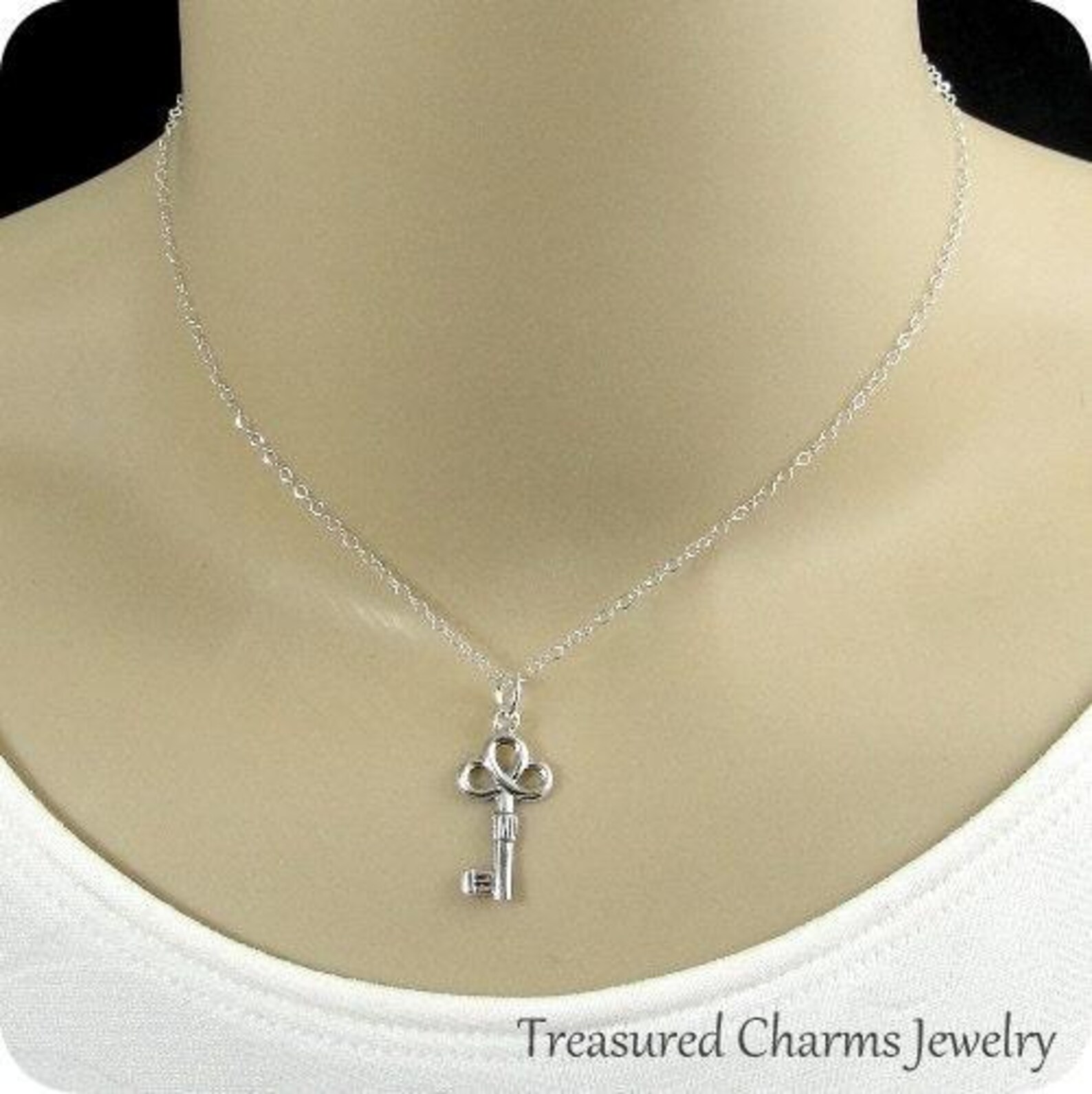 Tiny Lucky Key Necklace, Sterling Silver Clover Key Charm on a Silver ...