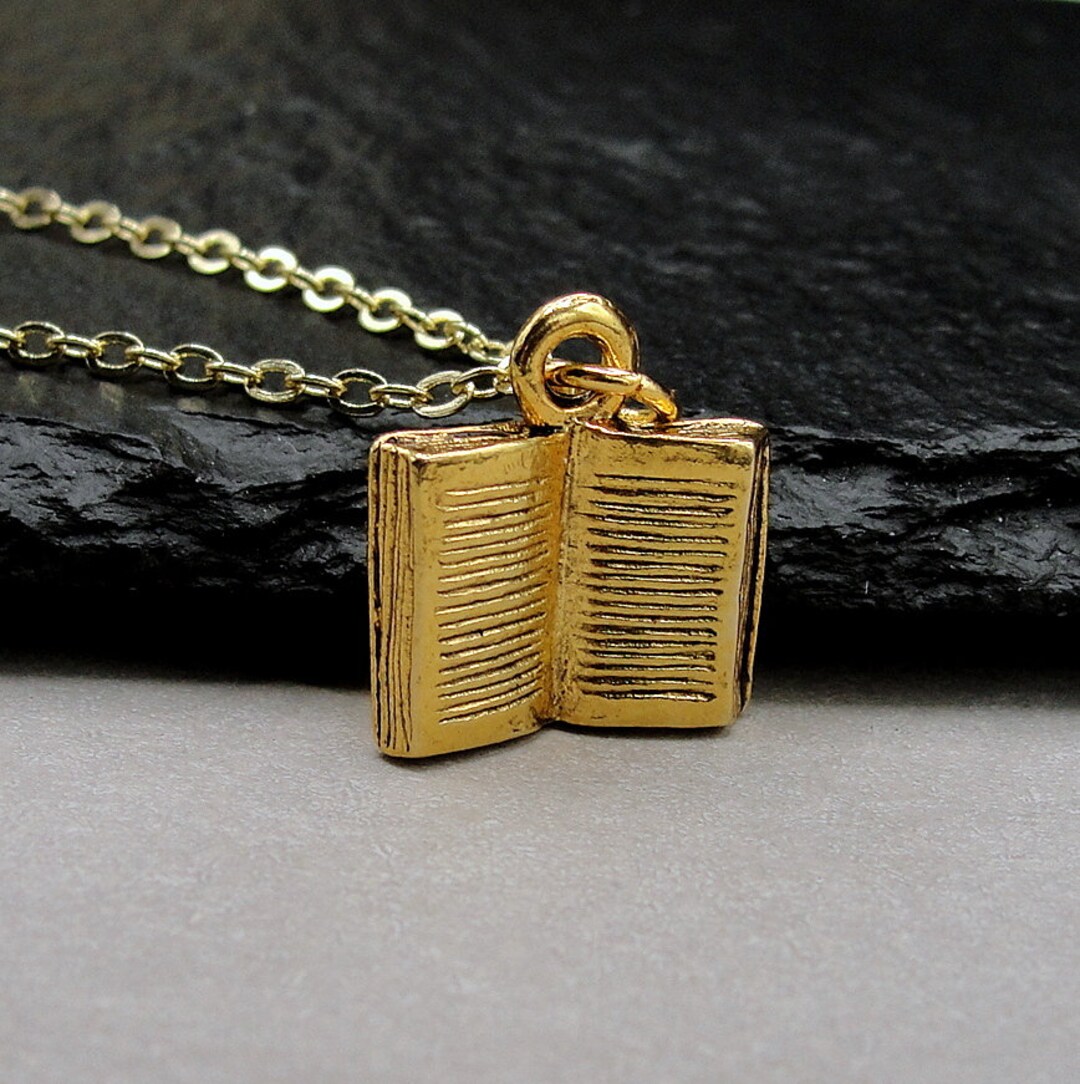 Open Book Necklace Gold Book Charm Necklace Literacy - Etsy
