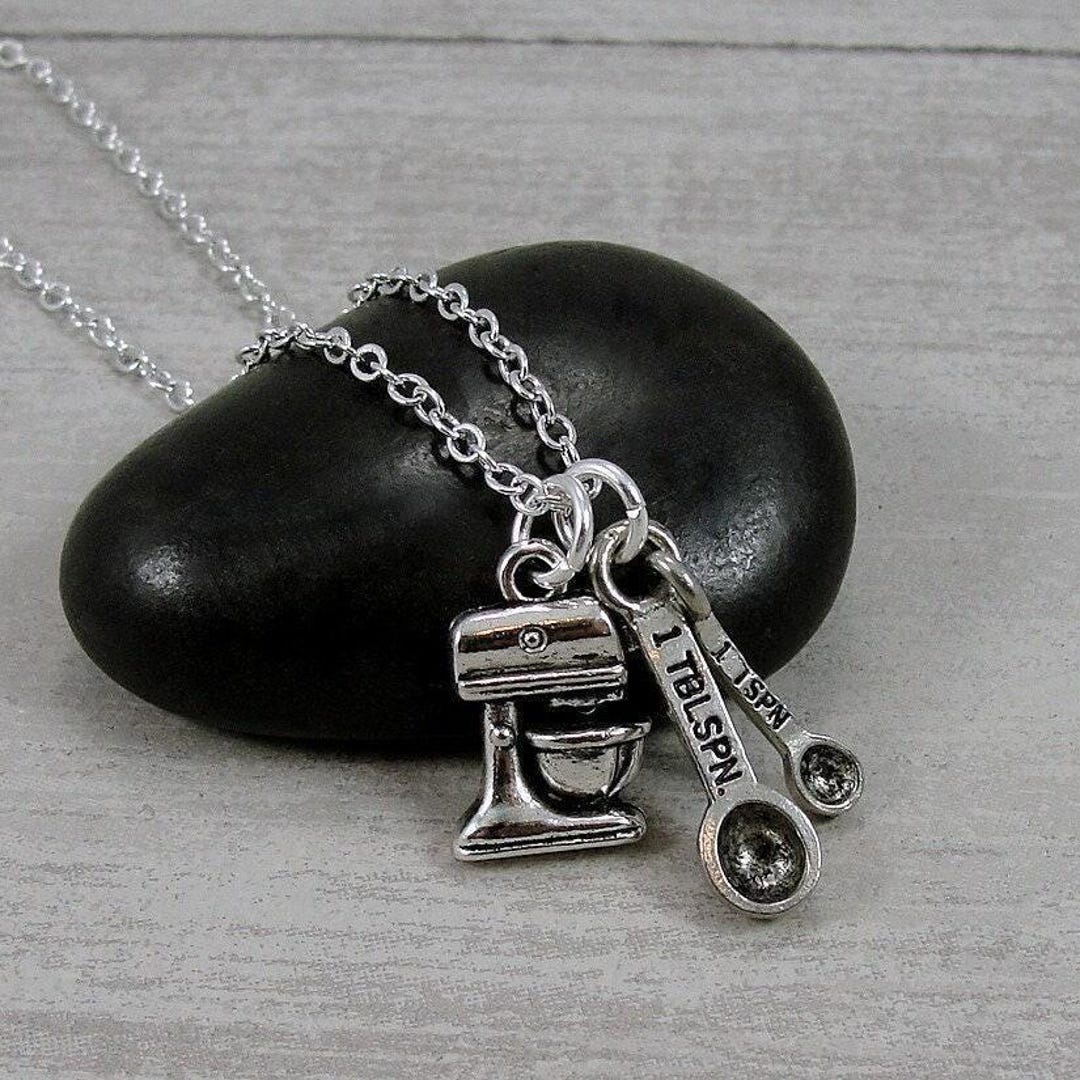 Baking Necklace, Silver Kitchen Mixer Necklace, Measuring Spoons ...