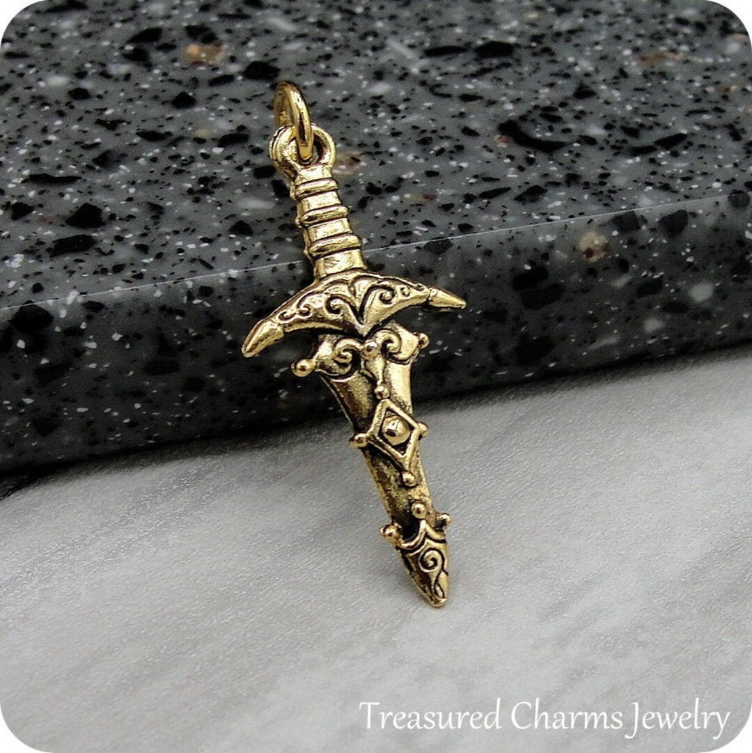 Medieval Sword Charm, Gold Ornate Sword Charm for Necklace, Dagger ...