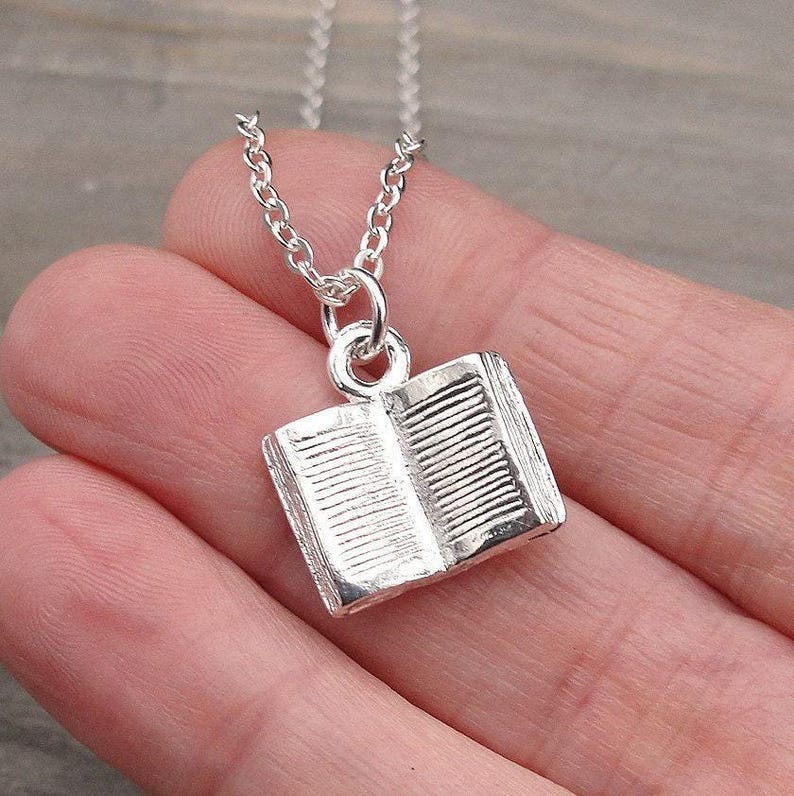 Open Book Necklace, Silver Plated 3D Book Charm Necklace, Author ...