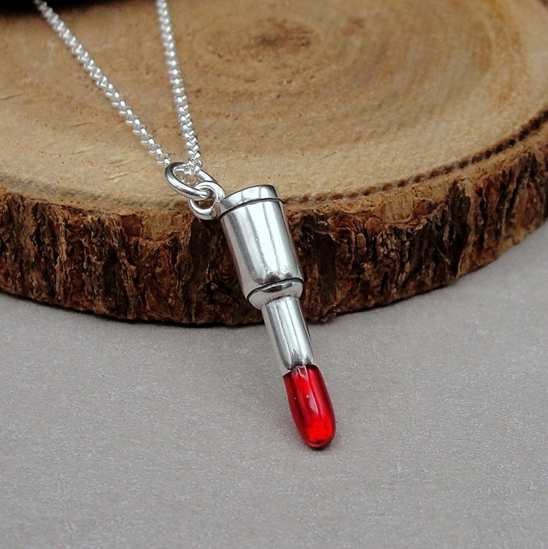 925 Sterling Silver Lipstick Necklace, Red Lipstick Charm Necklace, 3D ...