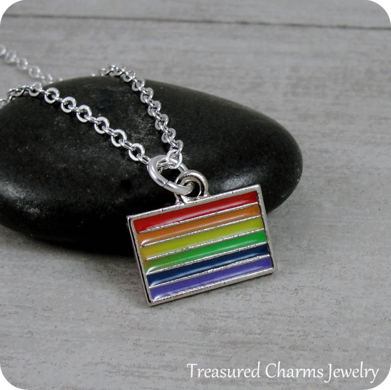 LGBTQ Pride Flag Necklace, Rainbow Gay Pride Charm on a Silver Cable ...