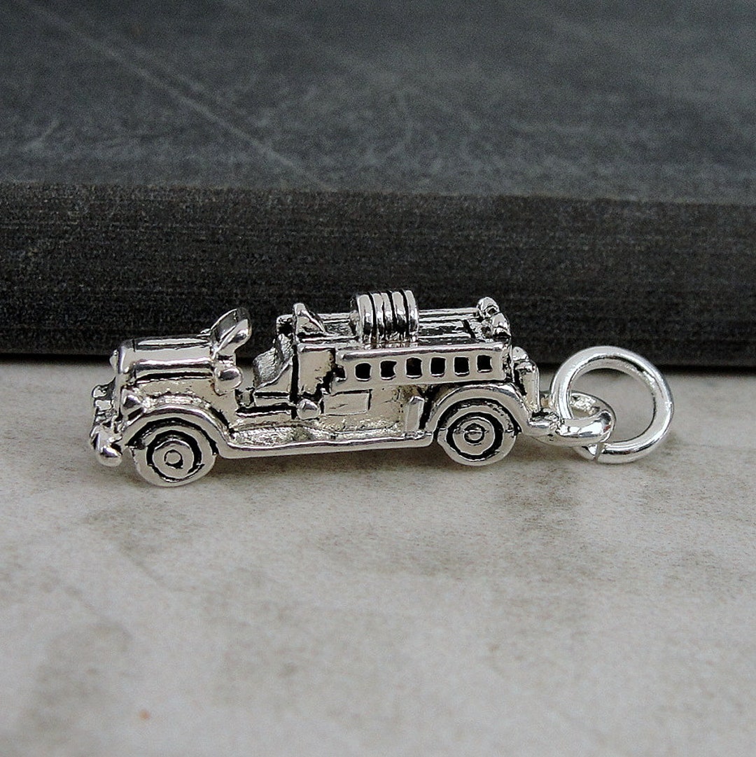 Fire Engine Charm, Silver Fire Truck Necklace Charm, 3D Fire Engine ...