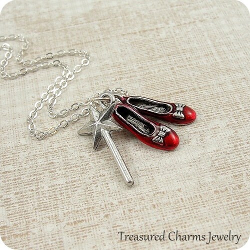 Ruby Slippers and Magic Wand Necklace Silver Wizard of Oz | Etsy