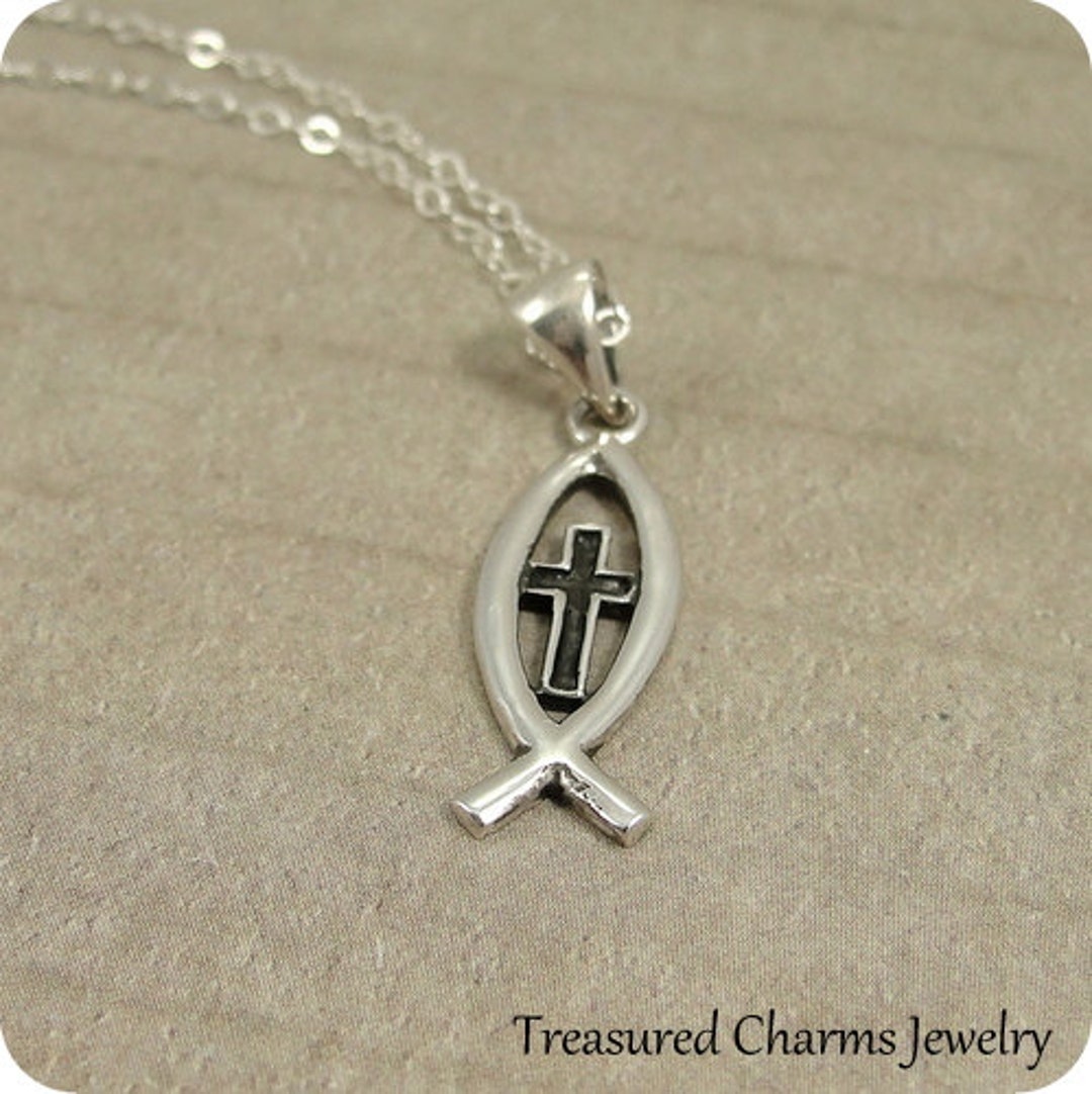 Christian Fish Necklace, Sterling Silver Fish Cross Symbol Charm on a ...