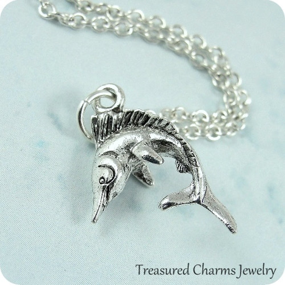 Blue Marlin Necklace, Silver Plated Blue Marlin Charm on a Silver Cable ...