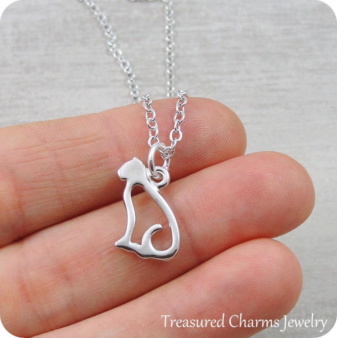 Kitty Cat Outline Necklace, Silver Cat Silhouette Charm on a Silver ...