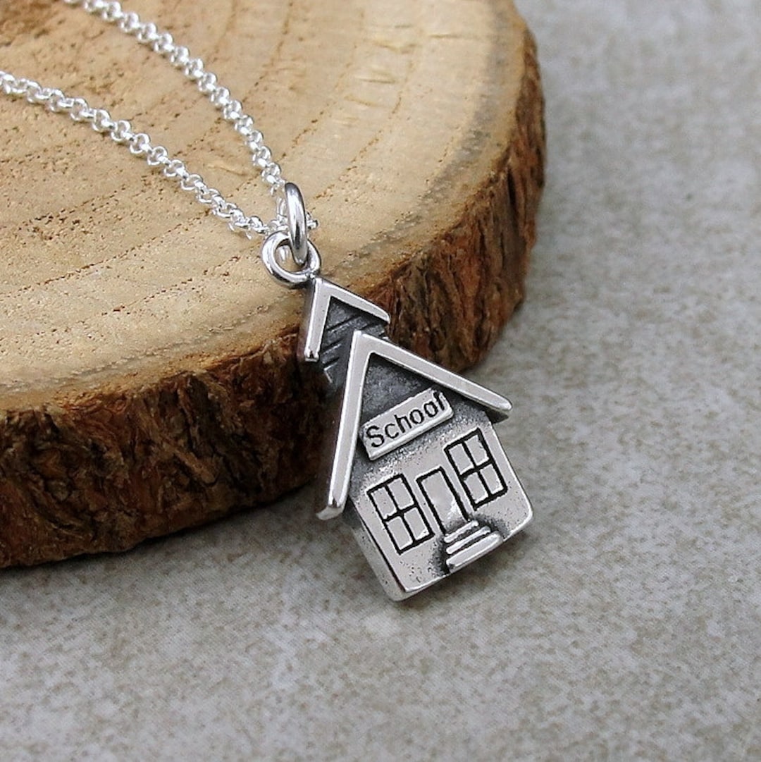 Sterling Silver School House Necklace, School Charm, School Pendant ...