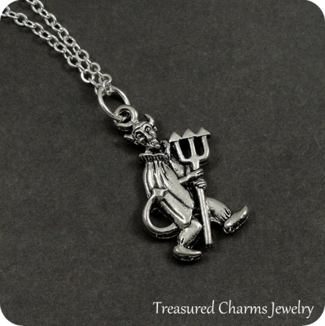 Devil With Pitchfork Necklace Silver Devil Charm on a Silver - Etsy