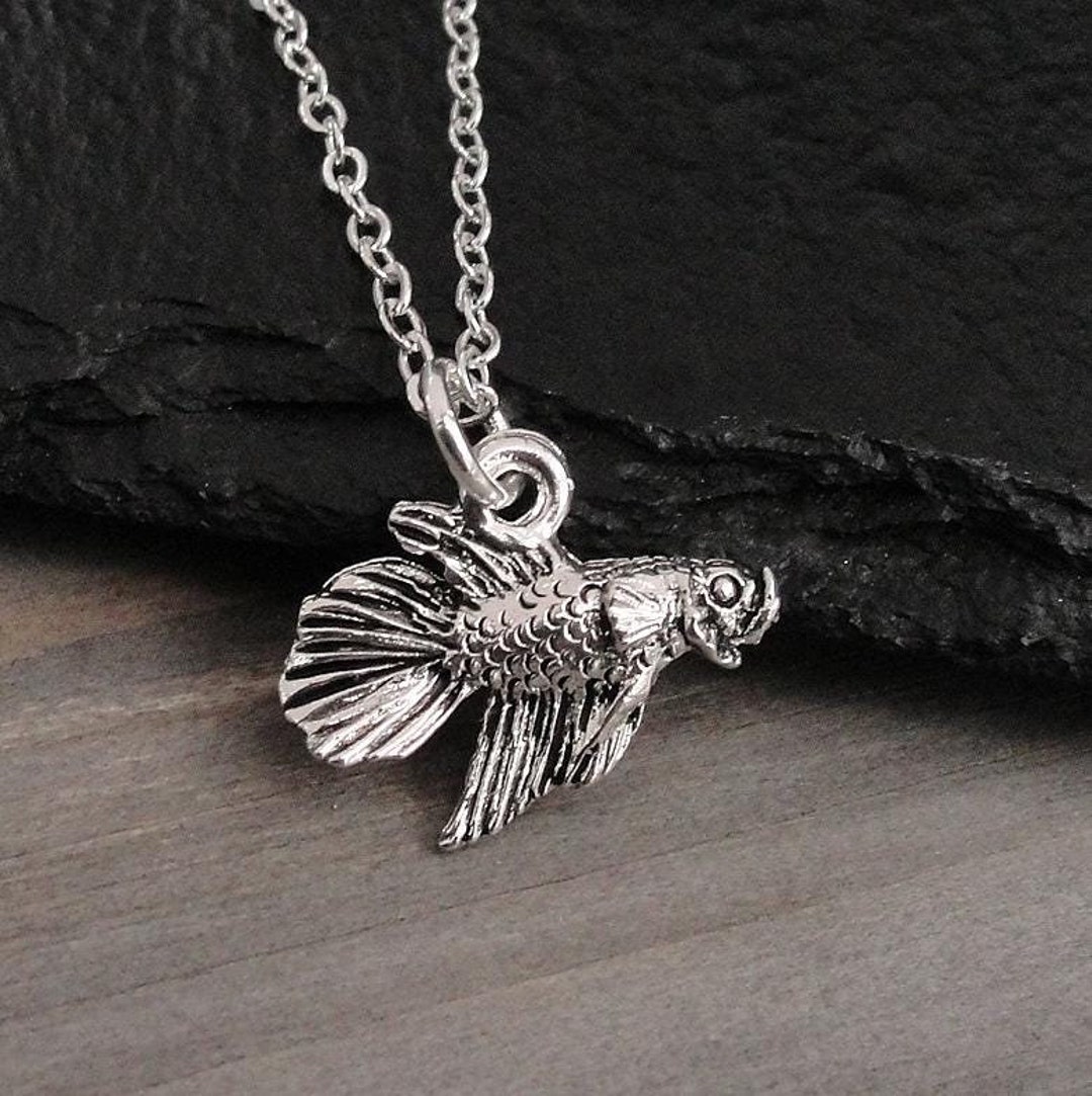 Betta Necklace, Silver 3D Betta Fish Charm Necklace, Siamese Fighting ...