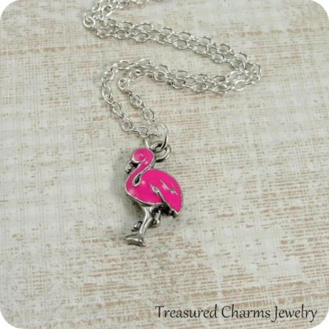 Pink Flamingo Necklace, Silver and Enameled Pink Flamingo Charm on a ...