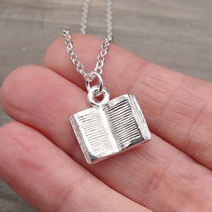 Open Book Necklace, Silver Plated 3D Book Charm Necklace, Author ...