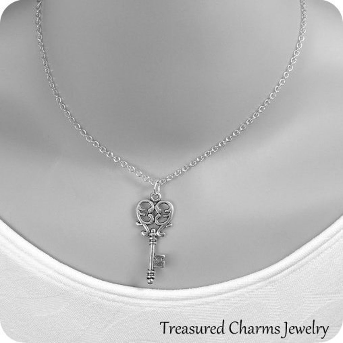 Decorative Heart Key Necklace Silver Plated Heart Key Charm - Etsy