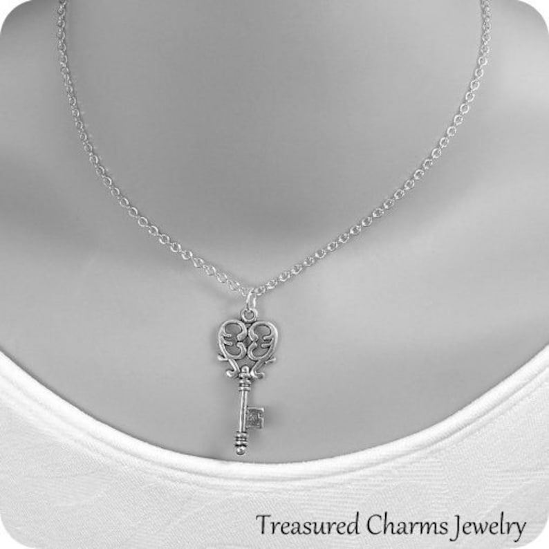 Decorative Heart Key Necklace Silver Plated Heart Key Charm - Etsy