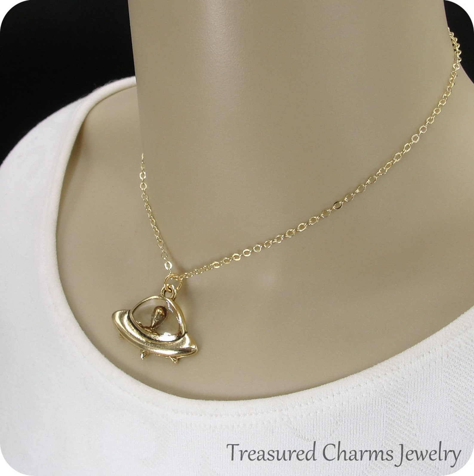 UFO Spaceship Alien Necklace Gold UFO Charm Necklace Gold | Etsy