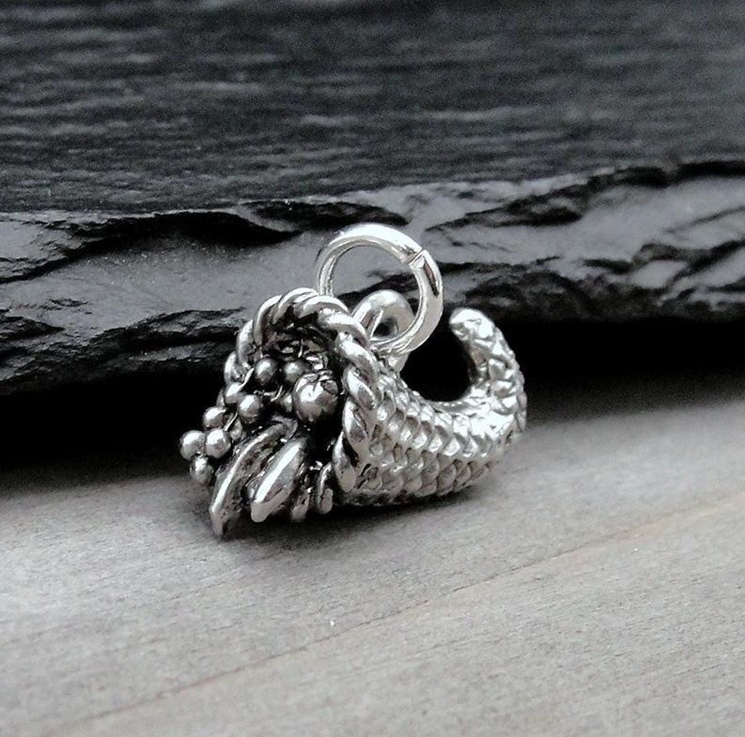 Silver Cornucopia Charm, 3D Horn of Plenty Charm, Thankgiving Charm ...
