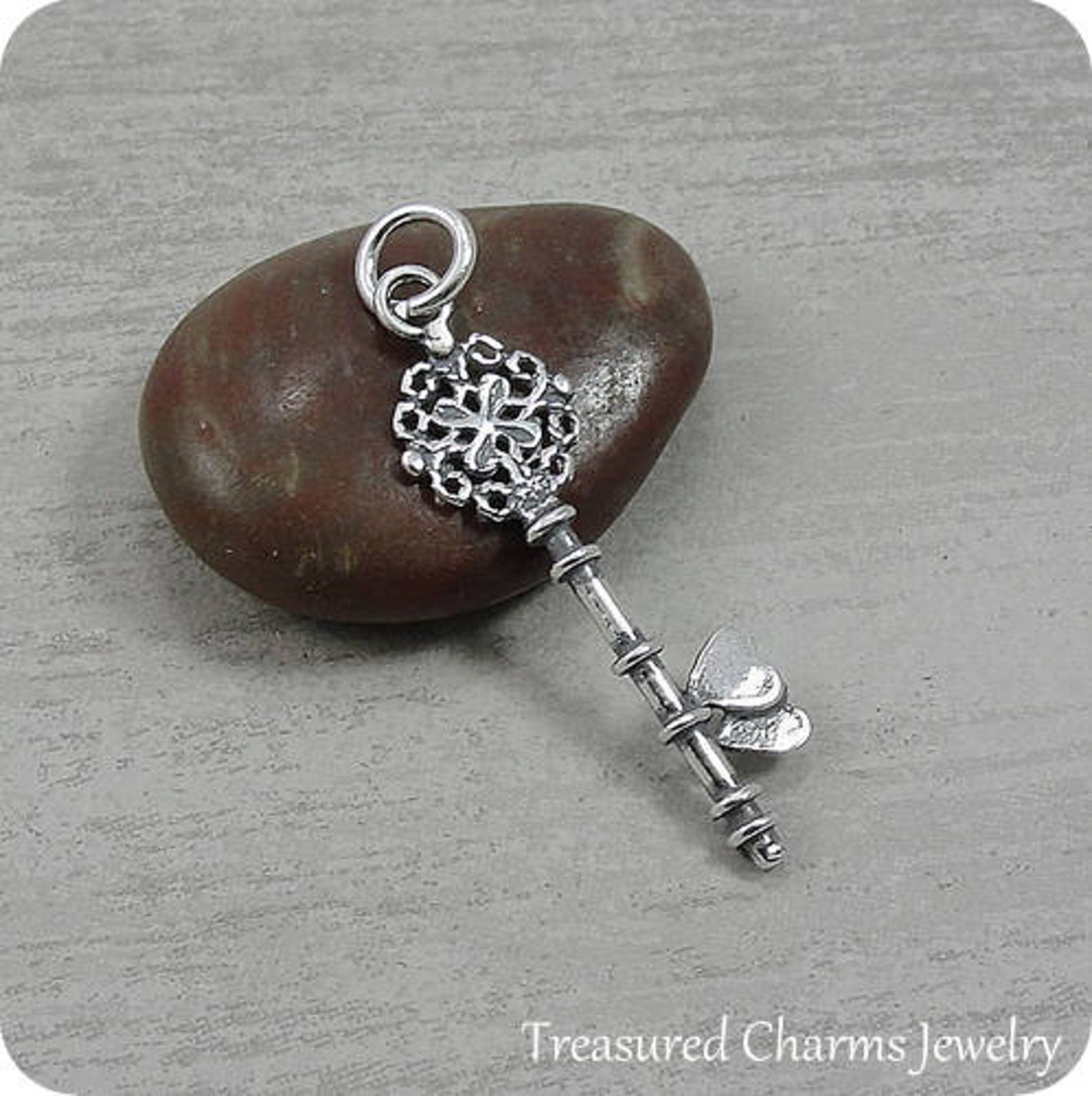 Filigree Double Heart Key Charm Sterling Heart Key Charm for - Etsy